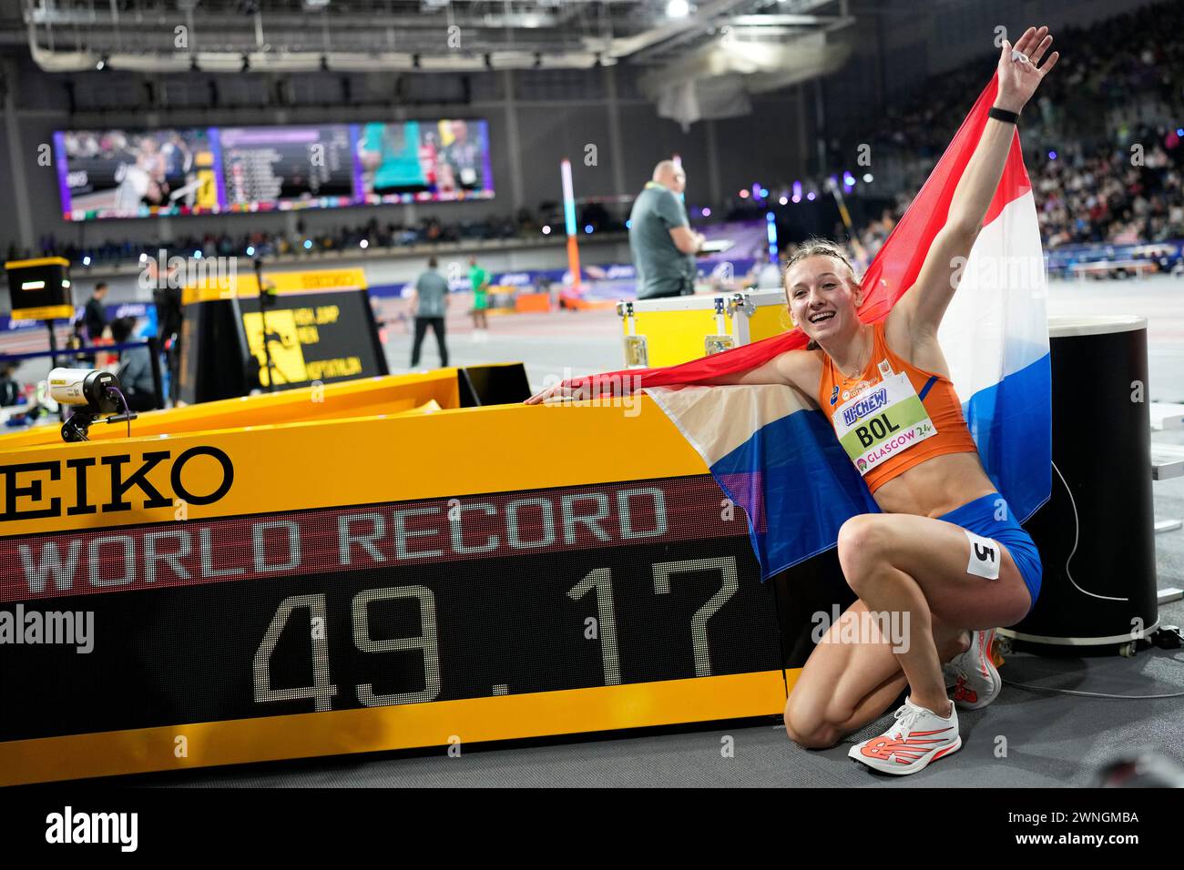 Femke Bol, of the Netherlands, poses after winning the gold medal and ...