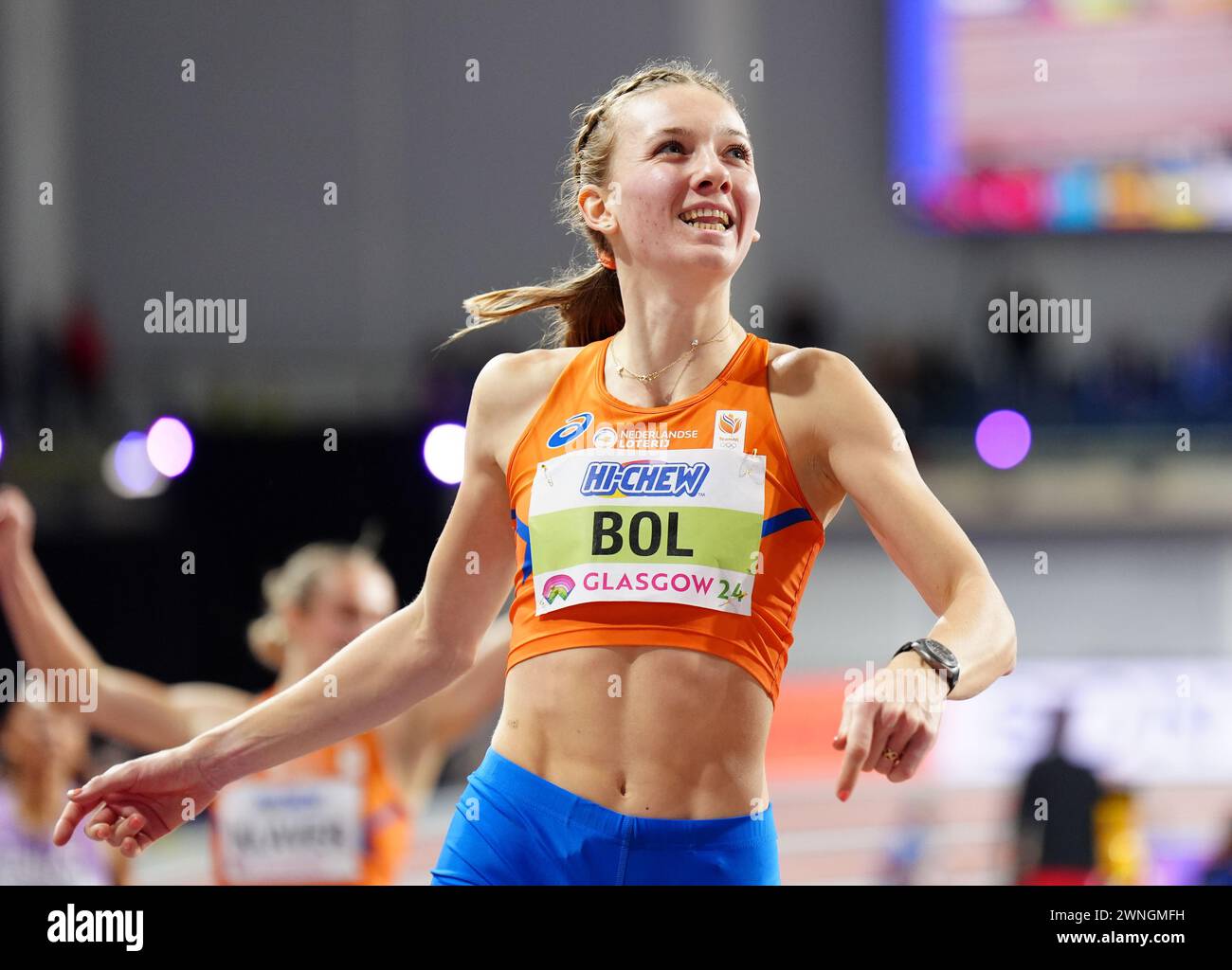 Netherlands' Femke Bol celebrates setting the world record in the Women ...