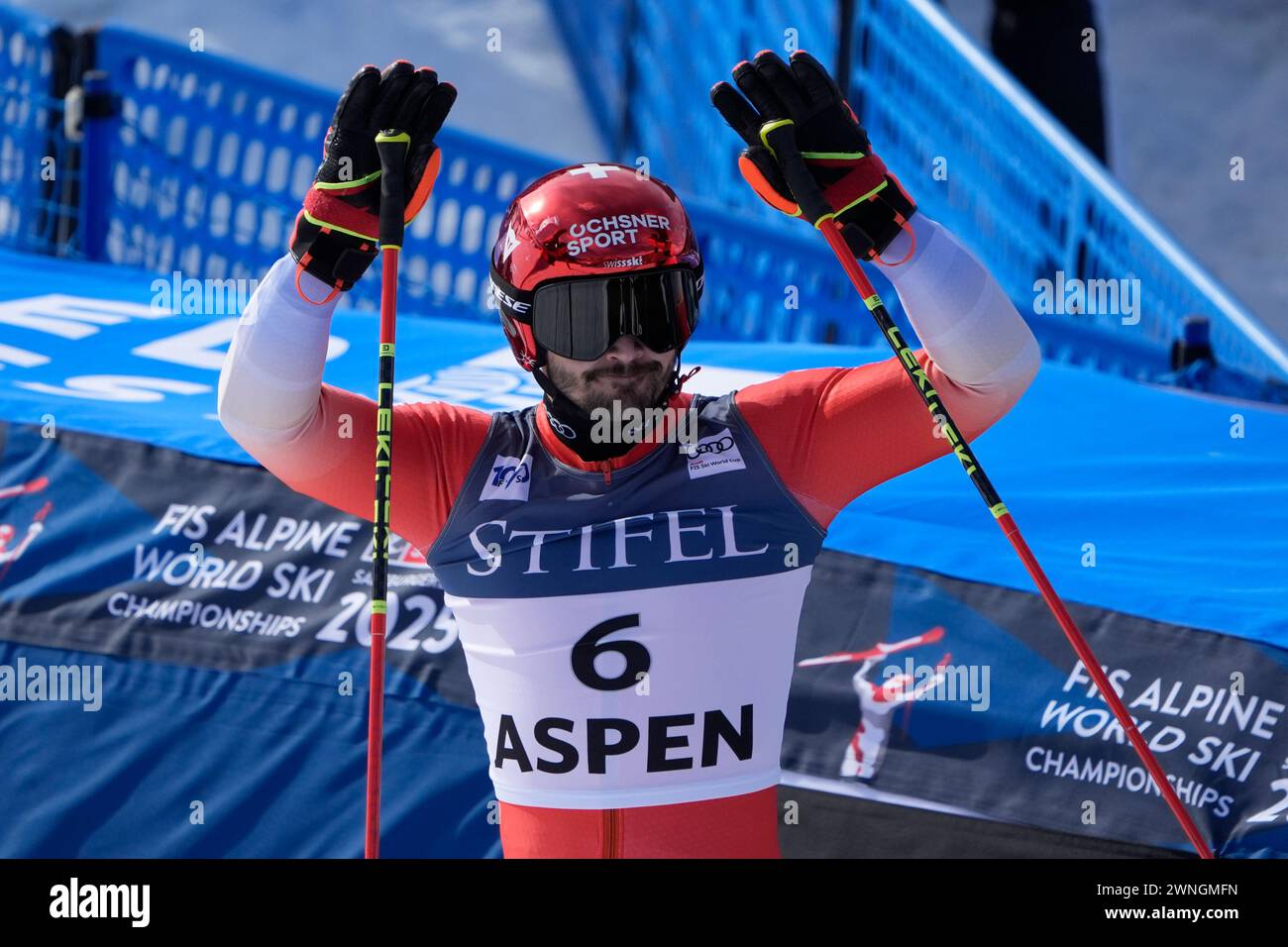 Switzerland's Loic Meillard reacts after finishing his second run in a ...