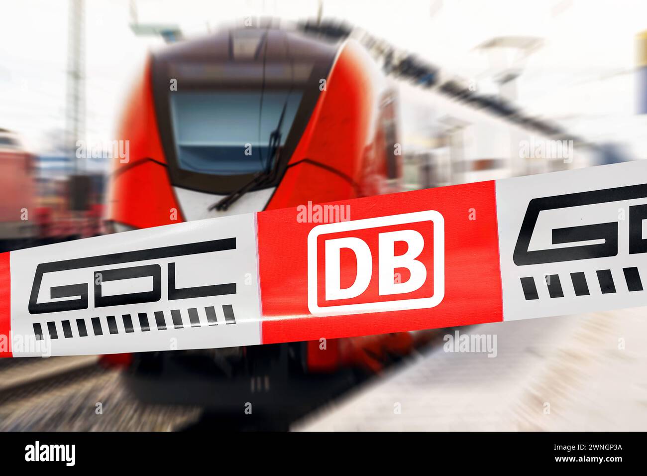 2 March 2024: Barrier tape with DB Deutsche Bahn and GDL Gewerkschaft ...