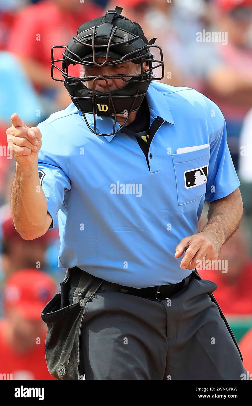 CLEARWATER, FL - MARCH 02: Home plate umpire Phil Cuzzi (10) calls a ...