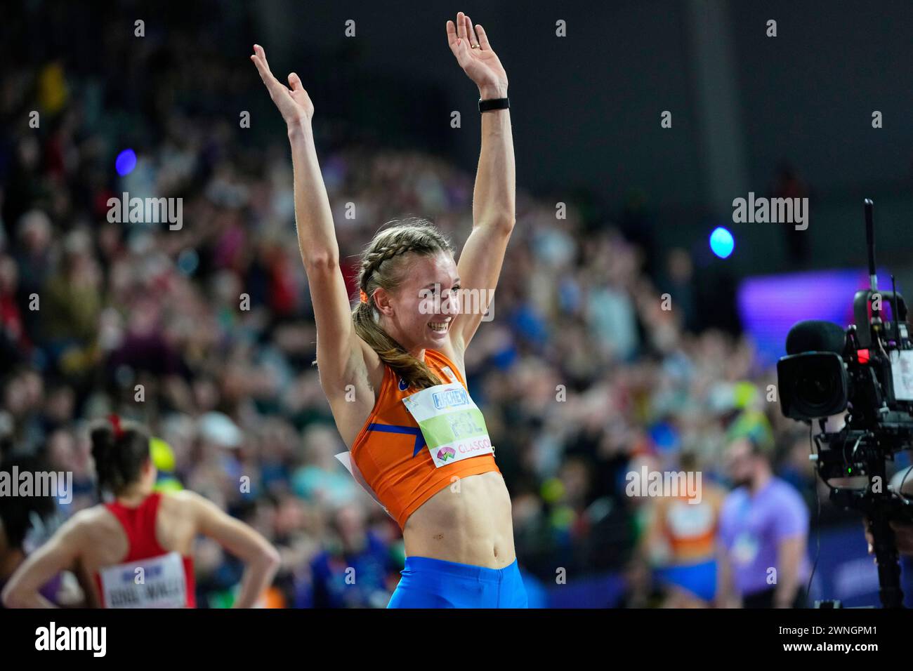 Femke Bol, of the Netherlands, celebrates after winning the gold medal ...