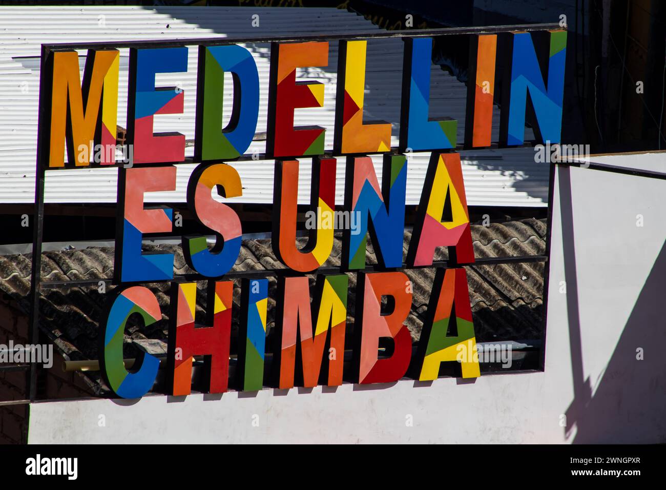 MEDELLIN, COLOMBIA - JANUARY 17, 2024: Colourful terrace with the sign ...
