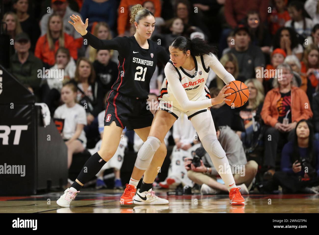 Stanford forward Brooke Demetre (21) guards against Oregon State forward Timea Gardiner (30 ...