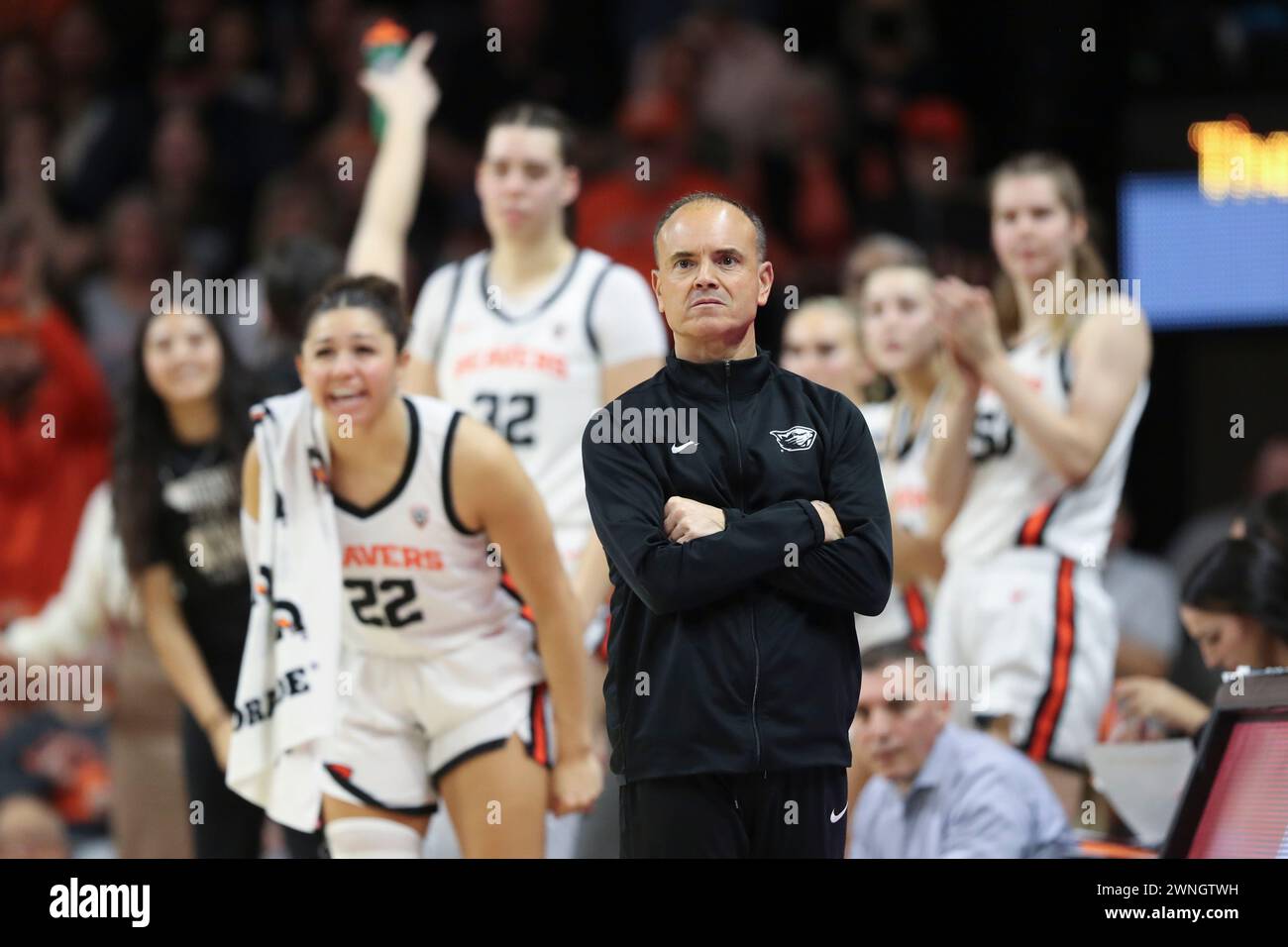 Oregon State head coach Scott Rueck looks on as the Oregon State bench ...