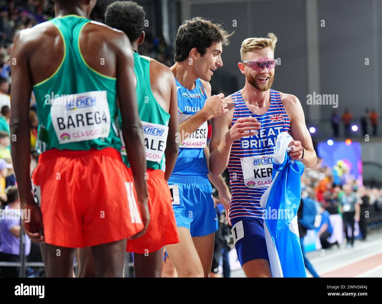 Great Britain's Josh Kerr (right) celebrates winning the Men's 3000 ...