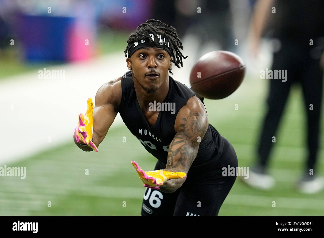 Arizona wide receiver Jacob Cowing runs a drill at the NFL football ...