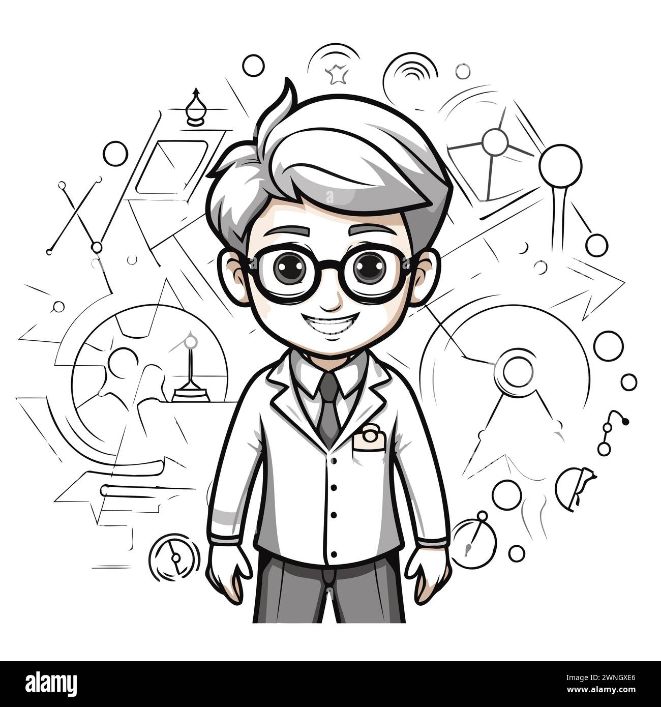 Scientist man with science sketch on white background vector ...