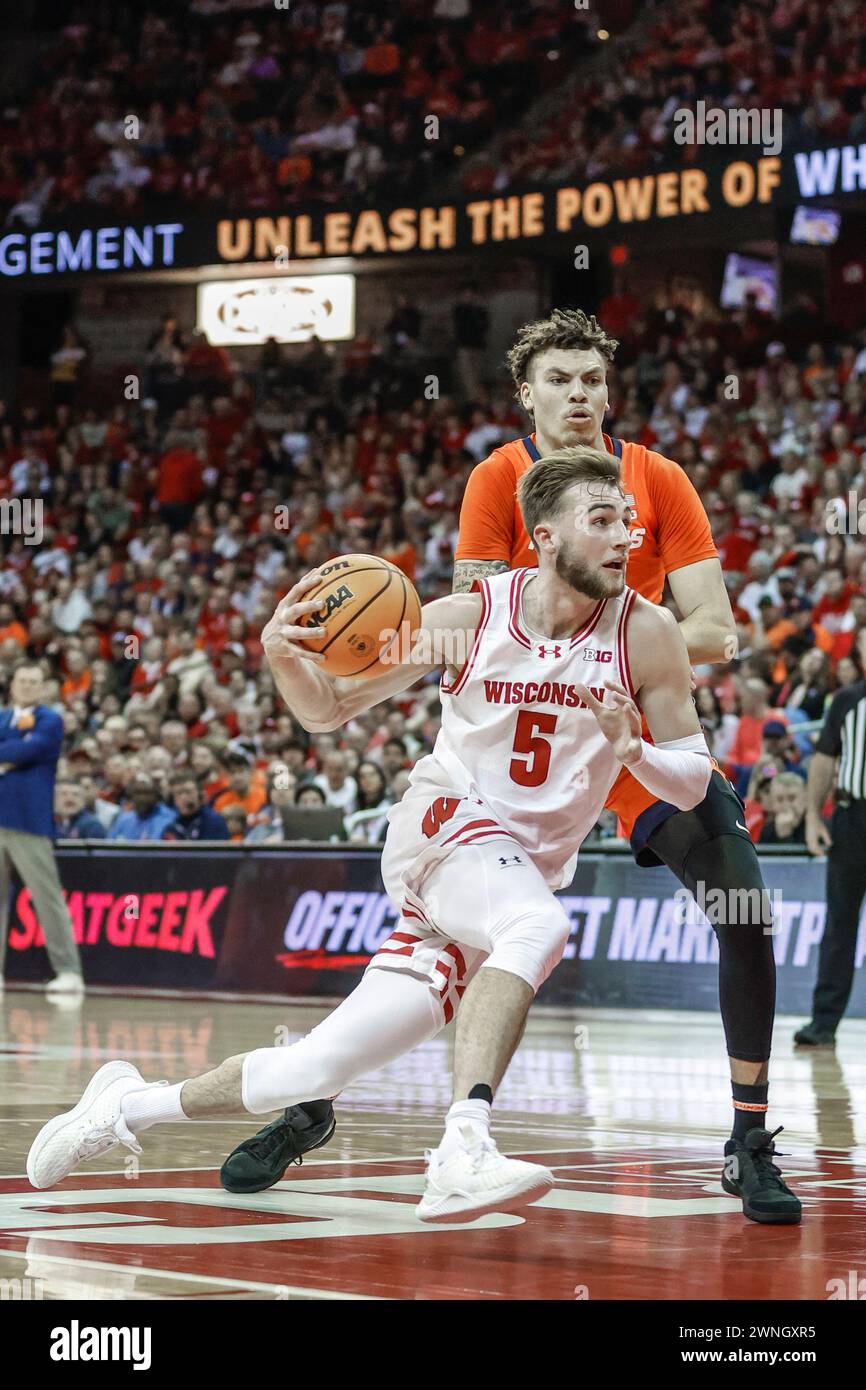 MADISON, WI - MARCH 02: Wisconsin forward Tyler Wahl (5) drives the ...