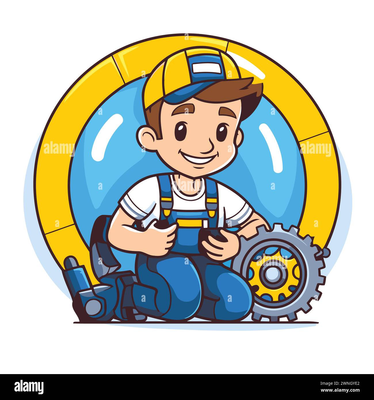 Cartoon mechanic boy sitting with gear wheel and wrench. Vector ...