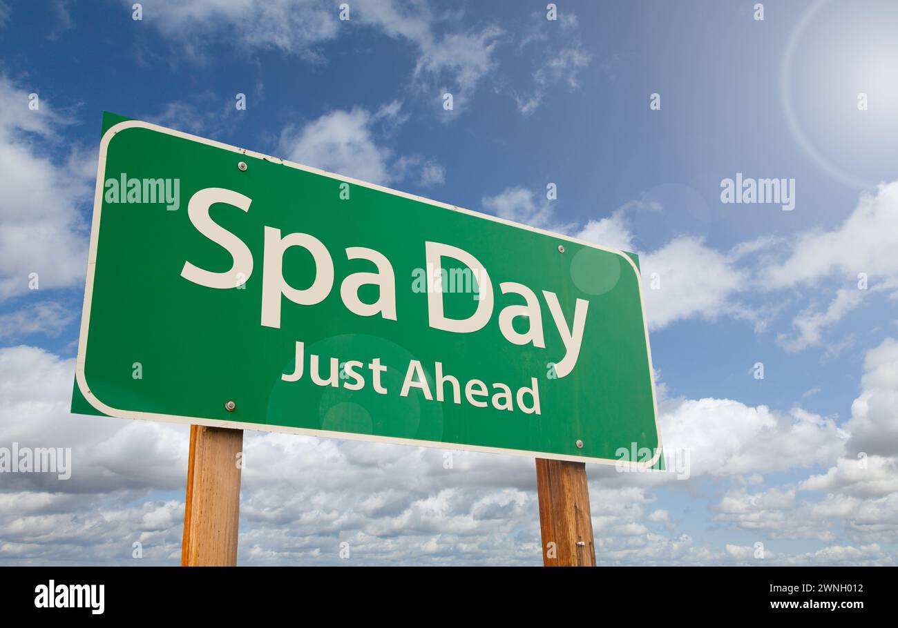 Spa Day Just Ahead Green Road Sign Over Clouds and Blue Sky Stock Photo ...