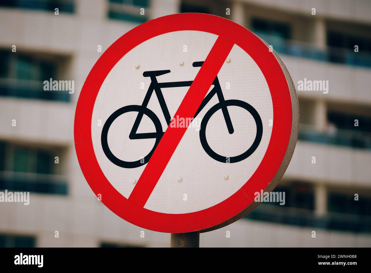 A red and white traffic sign displays no bicycles allowed Stock Photo ...