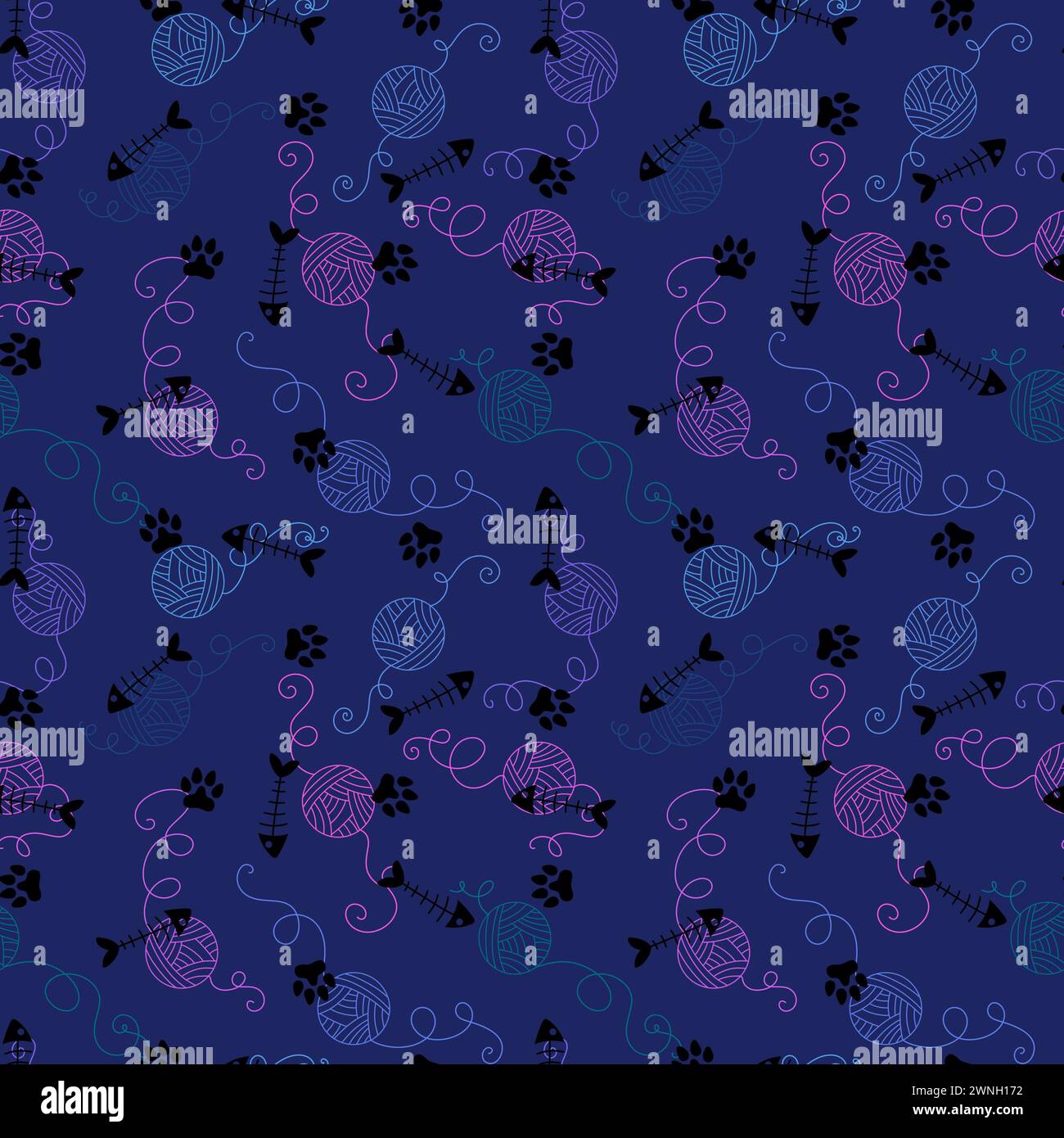 Cartoon animals accessories seamless cats and ball of threads and fish ...