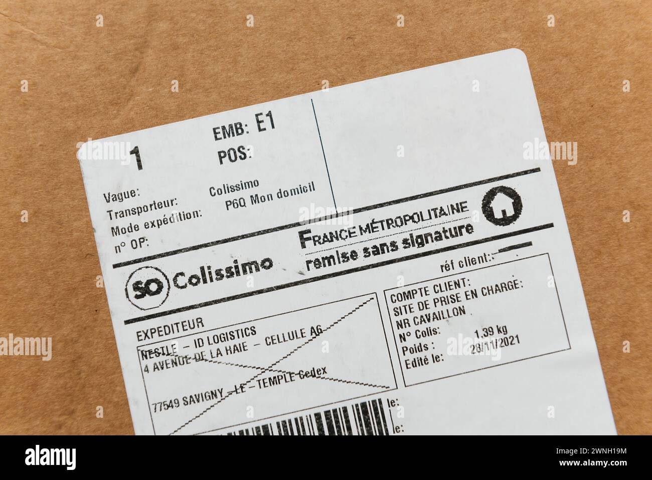 Bremen, Germany Dec 10, 2023: French parcel label indicating Colissimo ...