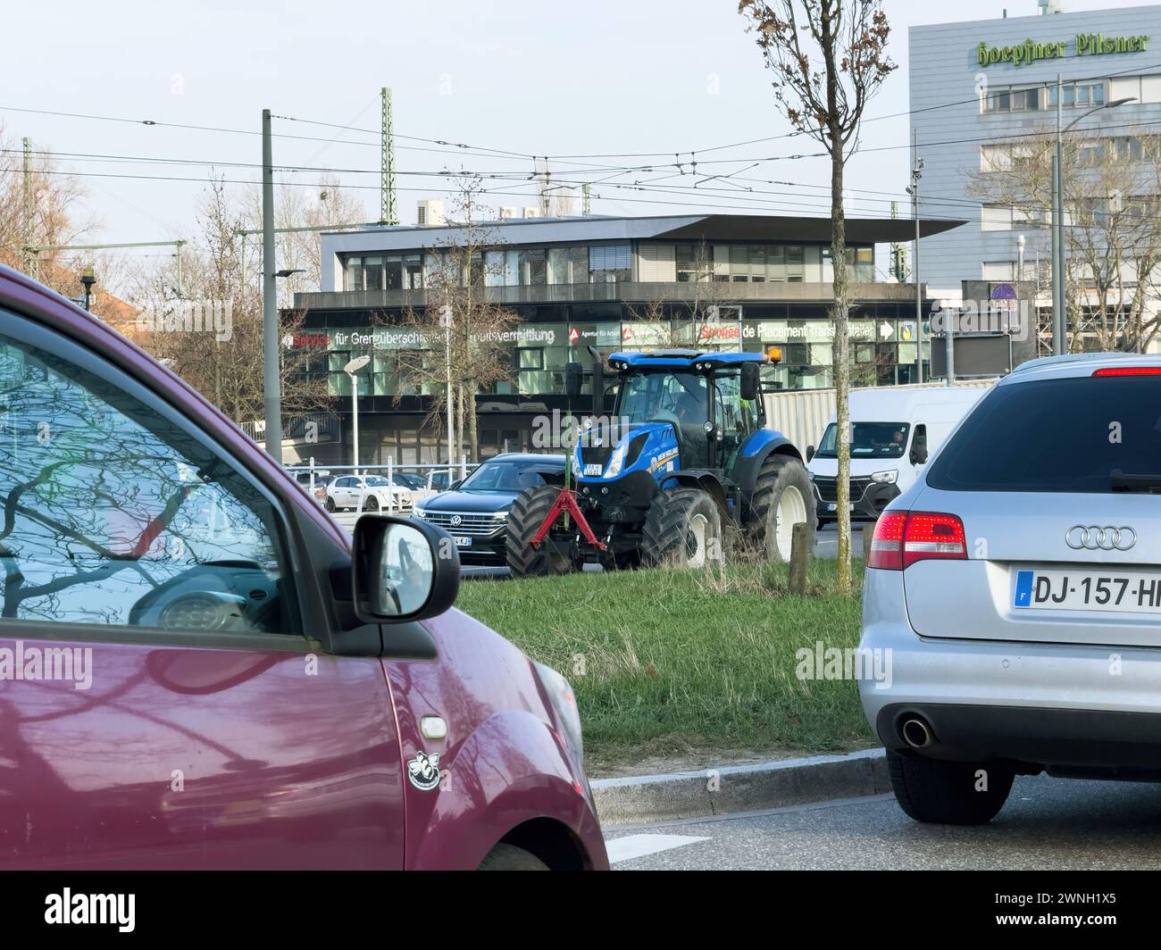 Kehl, Germany - Jan 9, 2024: scene of tractors shutting down roads in a ...