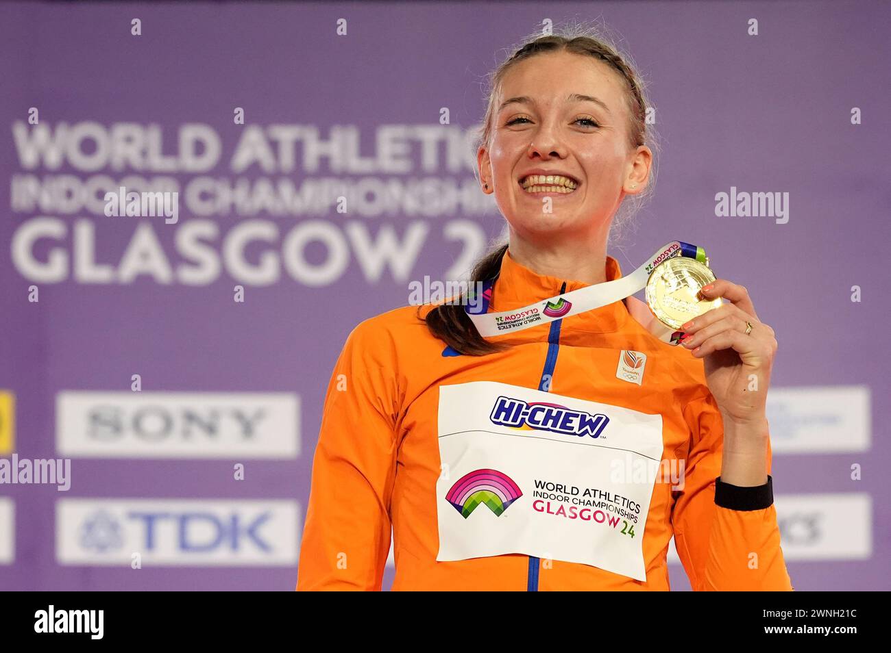 Netherlands' Femke Bol celebrates gold on the podium for the Womens 400 ...