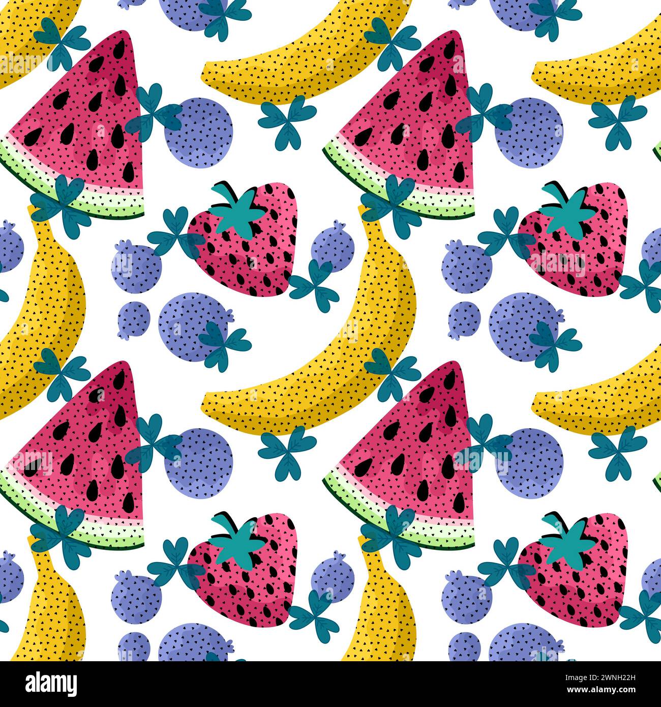 Cartoon doodle cute fruit seamless banana and strawberry and watermelon and blueberry pattern ...