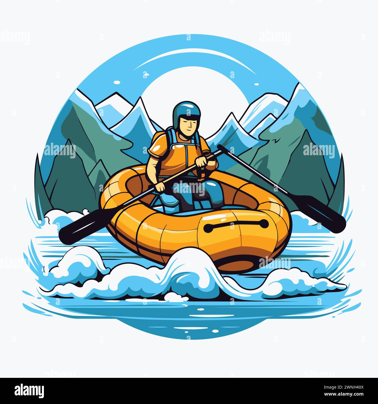 Man in a kayak on the background of mountains. Vector illustration ...