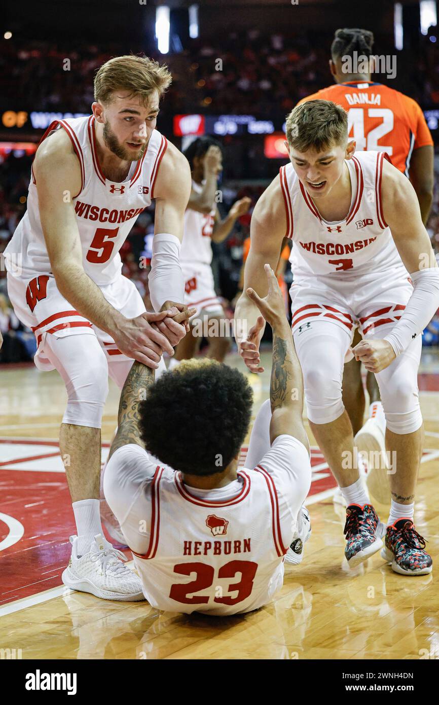 March 2, 2024: Wisconsin Badgers forward Tyler Wahl (5) and guard ...