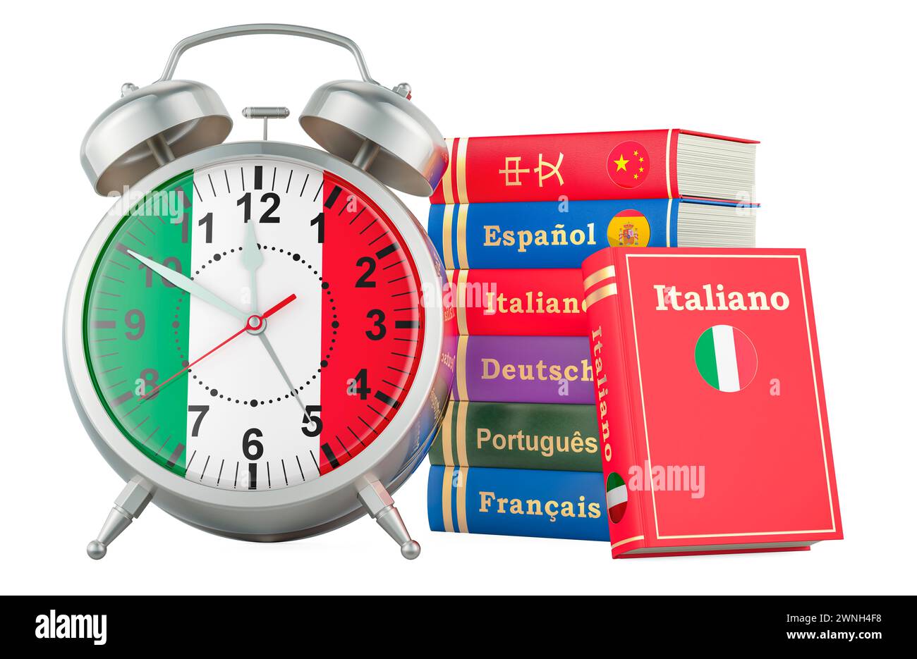 Italian course, lessons concept. Books with alarm clock. Time to learn ...