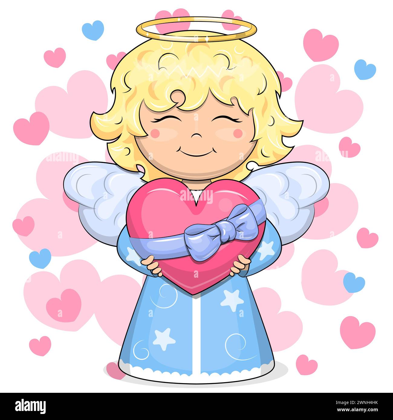 Cute cartoon angel is holding a heart with blue ribbon. Vector ...