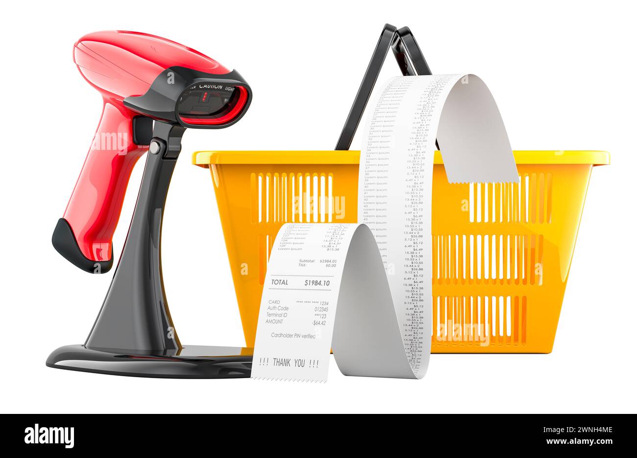 Bar Code Reader With Printed Receipt And Shopping Basket 3d Rendering Isolated On White