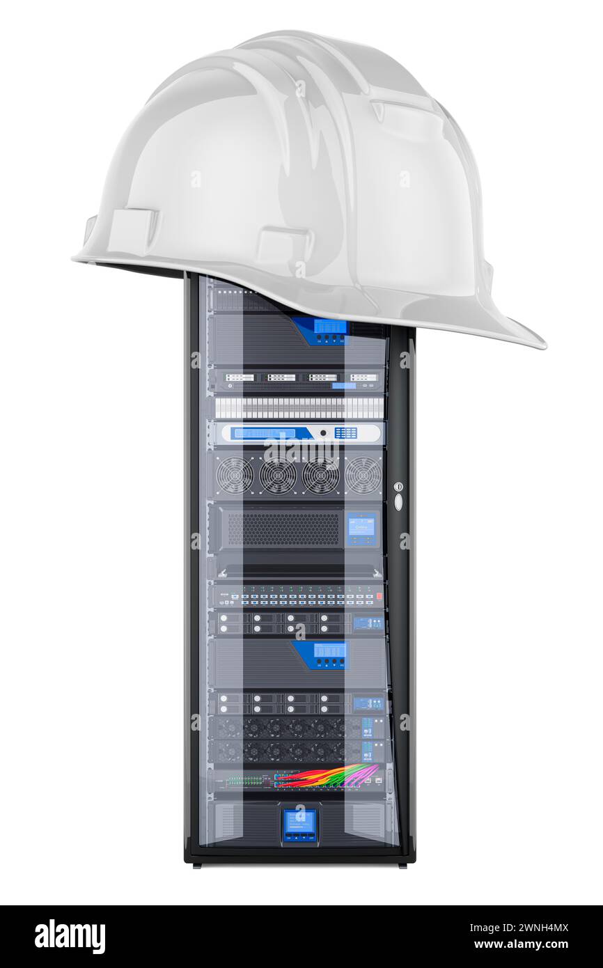 Computer Server Rack with hard hat. Service and maintenance, concept ...