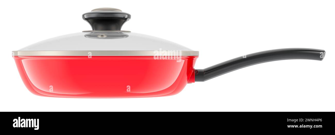 Red frypan with glass lid, side view. 3D rendering isolated on white ...