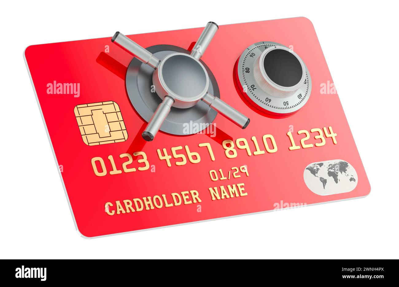 Credit bank card with safe combination lock, security payment concept ...