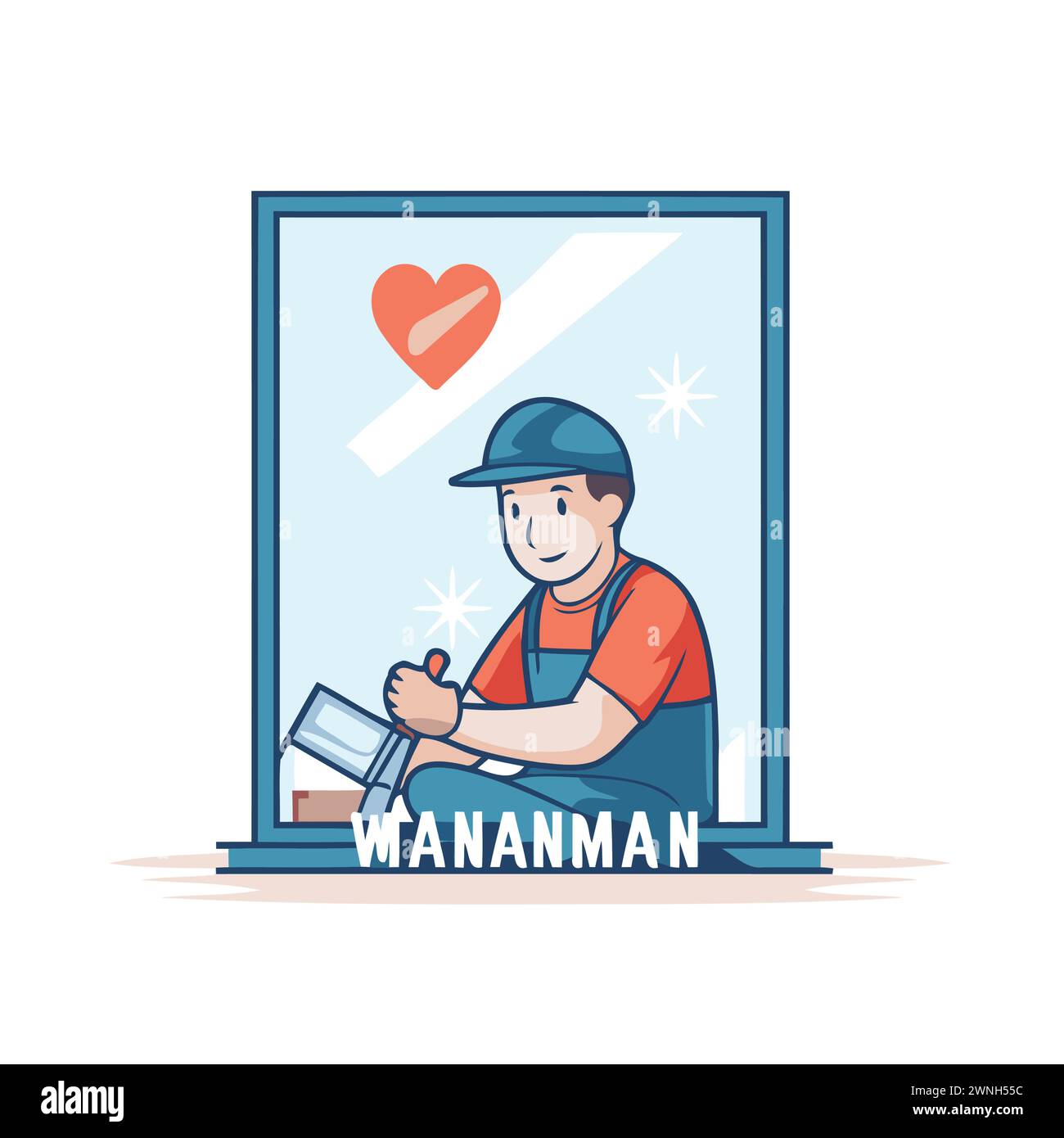 Man worker in uniform and cap repairing broken window. cartoon vector ...