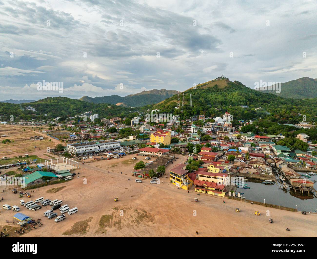 Drone view of Coron Town Proper in Palawan. Blue sky and clouds ...