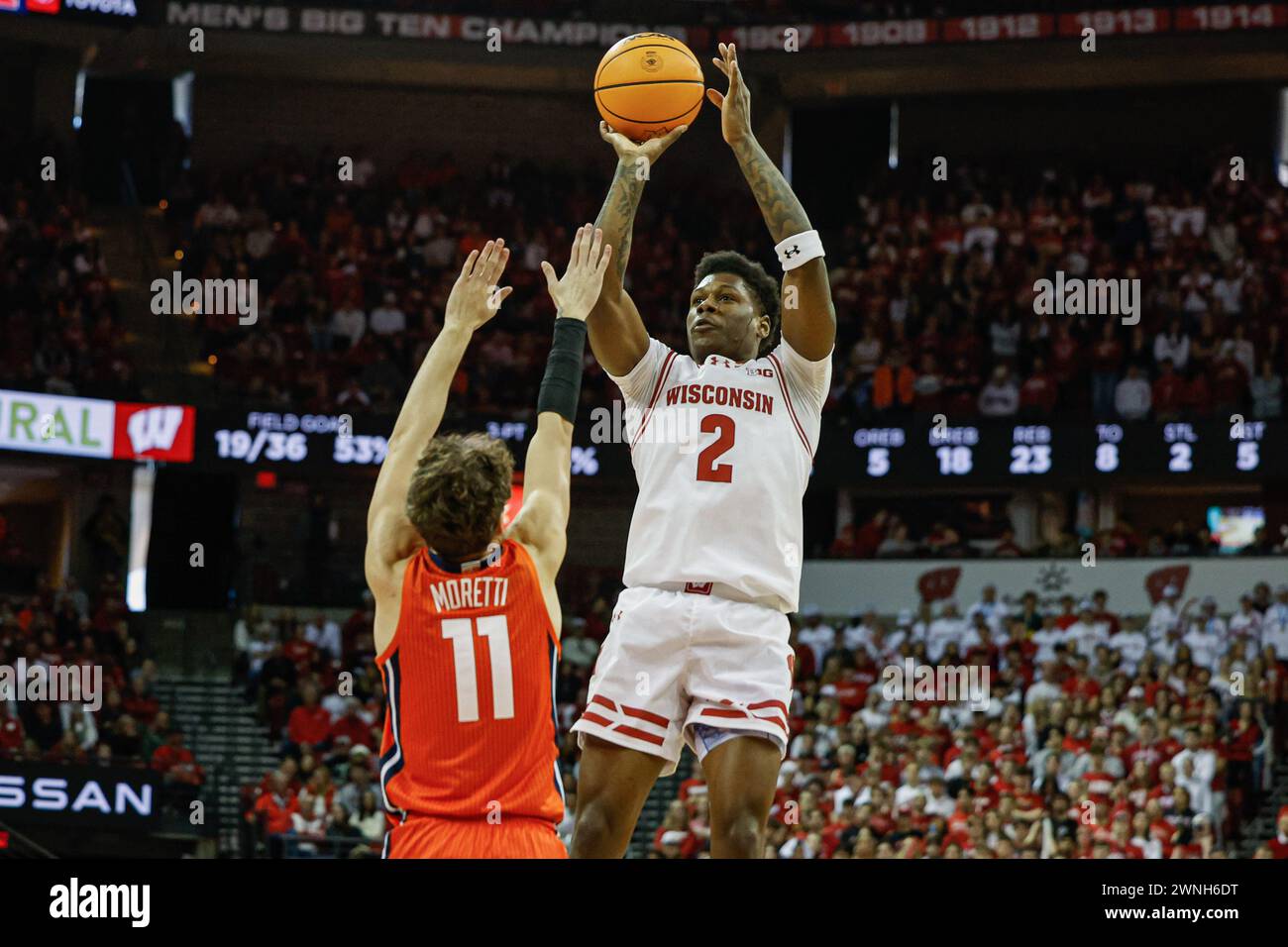 Madison, WI, USA. 2nd Mar, 2024. Wisconsin Badgers guard AJ Storr (2) takes a jump shot during ...