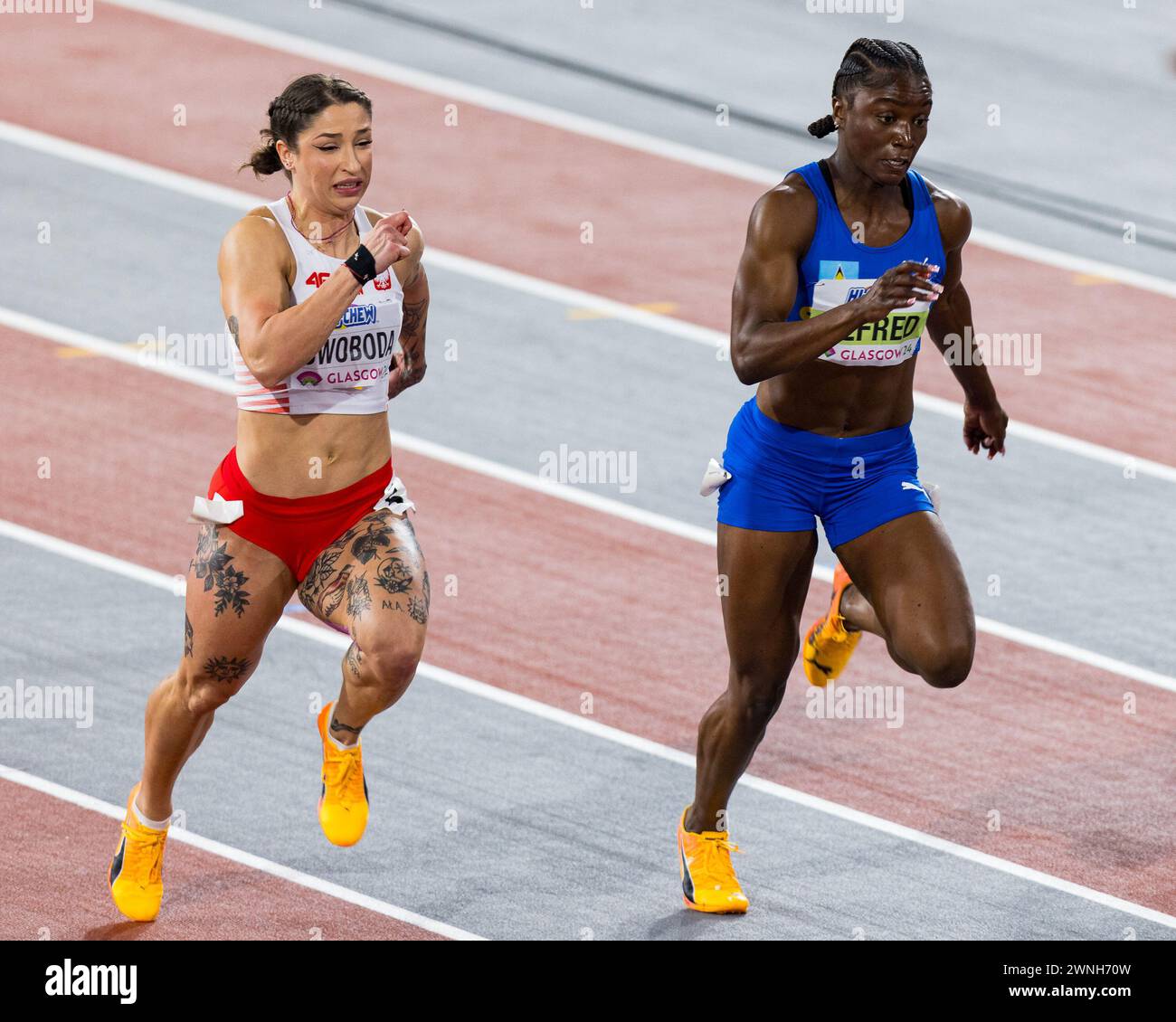 Glasgow, Scotland. 02 March 2024. Julien ALFRED (LCA) battles with ...