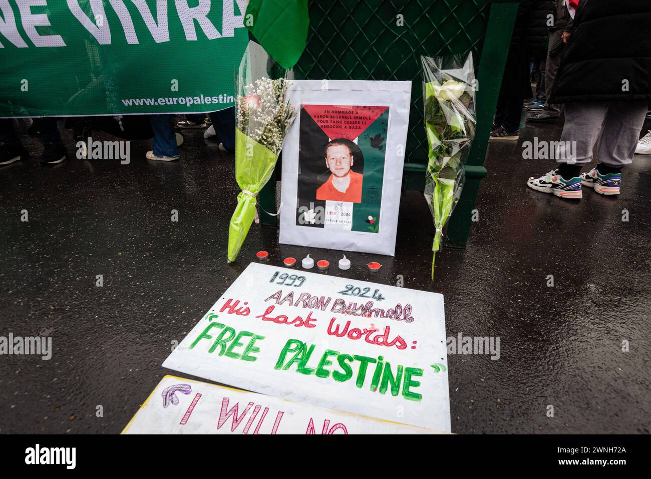 Paris, France. 1st Mar, 2024. A memorial to Aaron Bushnell is seen ...