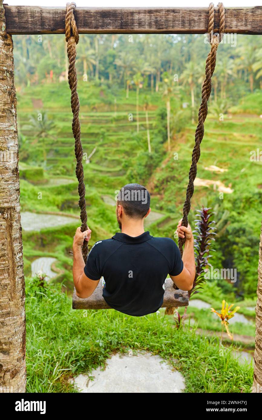 A young man enjoys a swing overlooking rice terraces on the popular ...