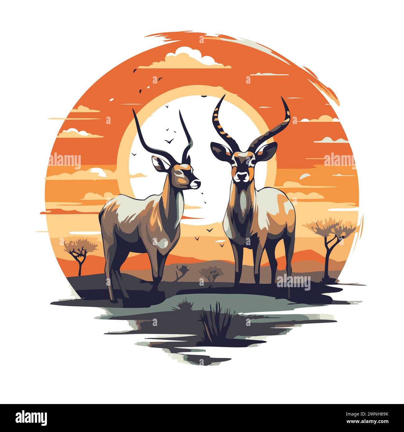 Two antelopes on the background of the sunset. Vector illustration ...