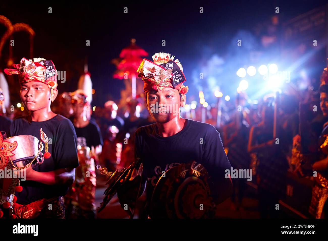 The sacred traditional Ogoh-Ogoh masquerade parade with dancing and ...