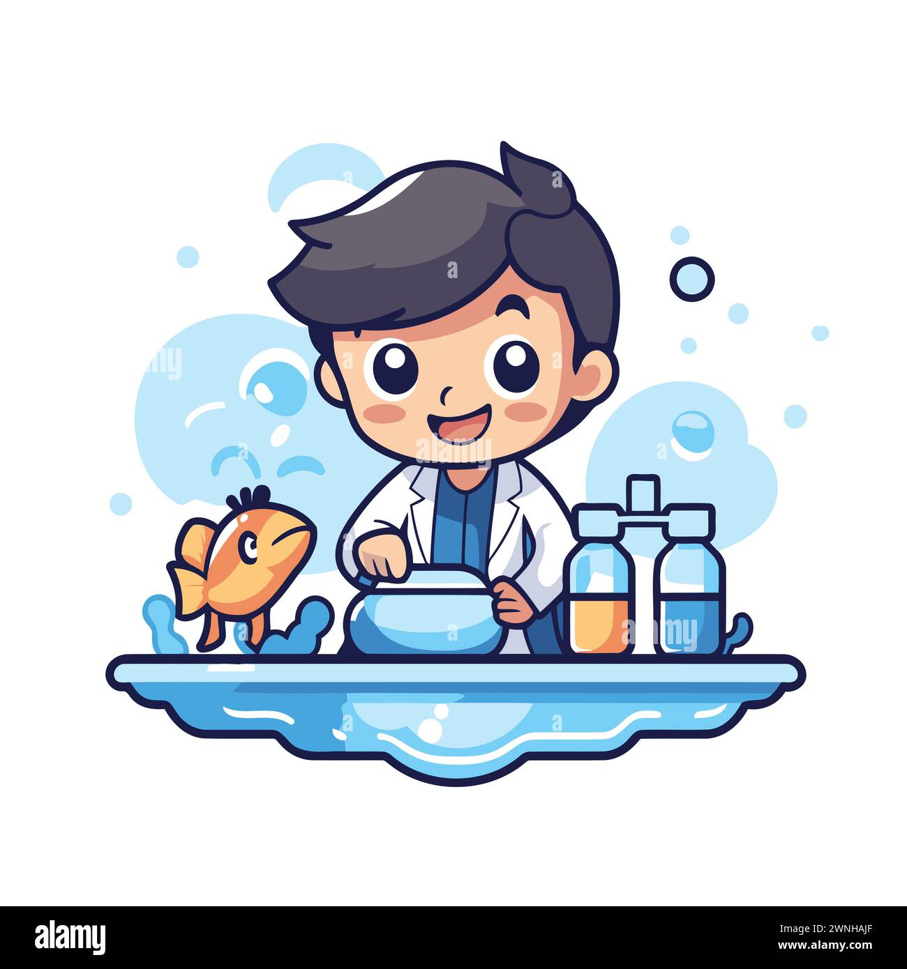 Vector illustration of a boy washing fish with soap and shampoo in the ...