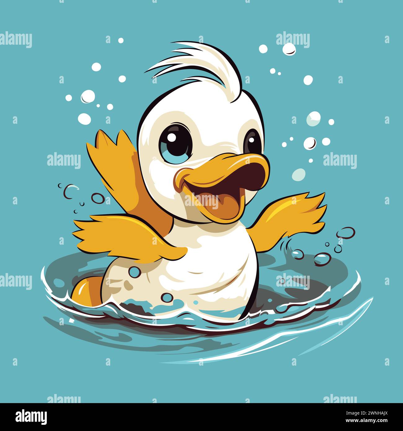 Cute cartoon duck swimming in the water. Vector illustration of a funny ...
