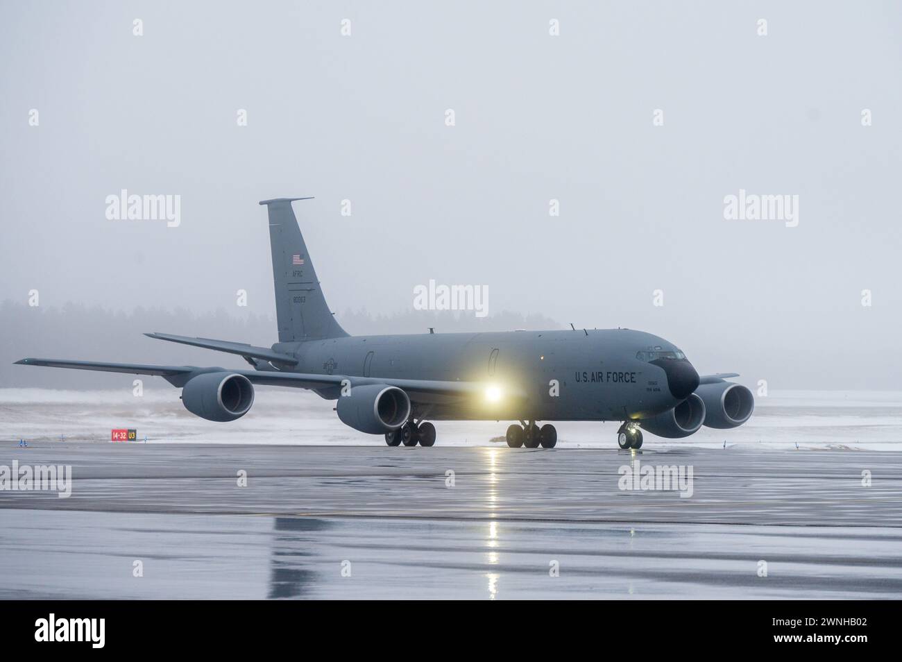 A U.S. Air Force KC-135 Stratotanker, from the 914th Air Refueling Wing, taxis on a runway at ...