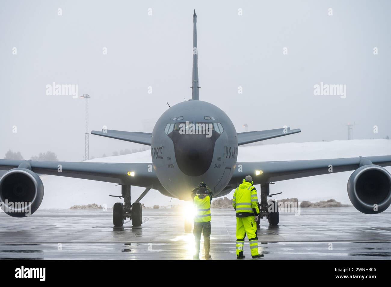 A U.S. Air Force KC-135 Stratotanker, from the 914th Air Refueling Wing, taxis on a runway at ...