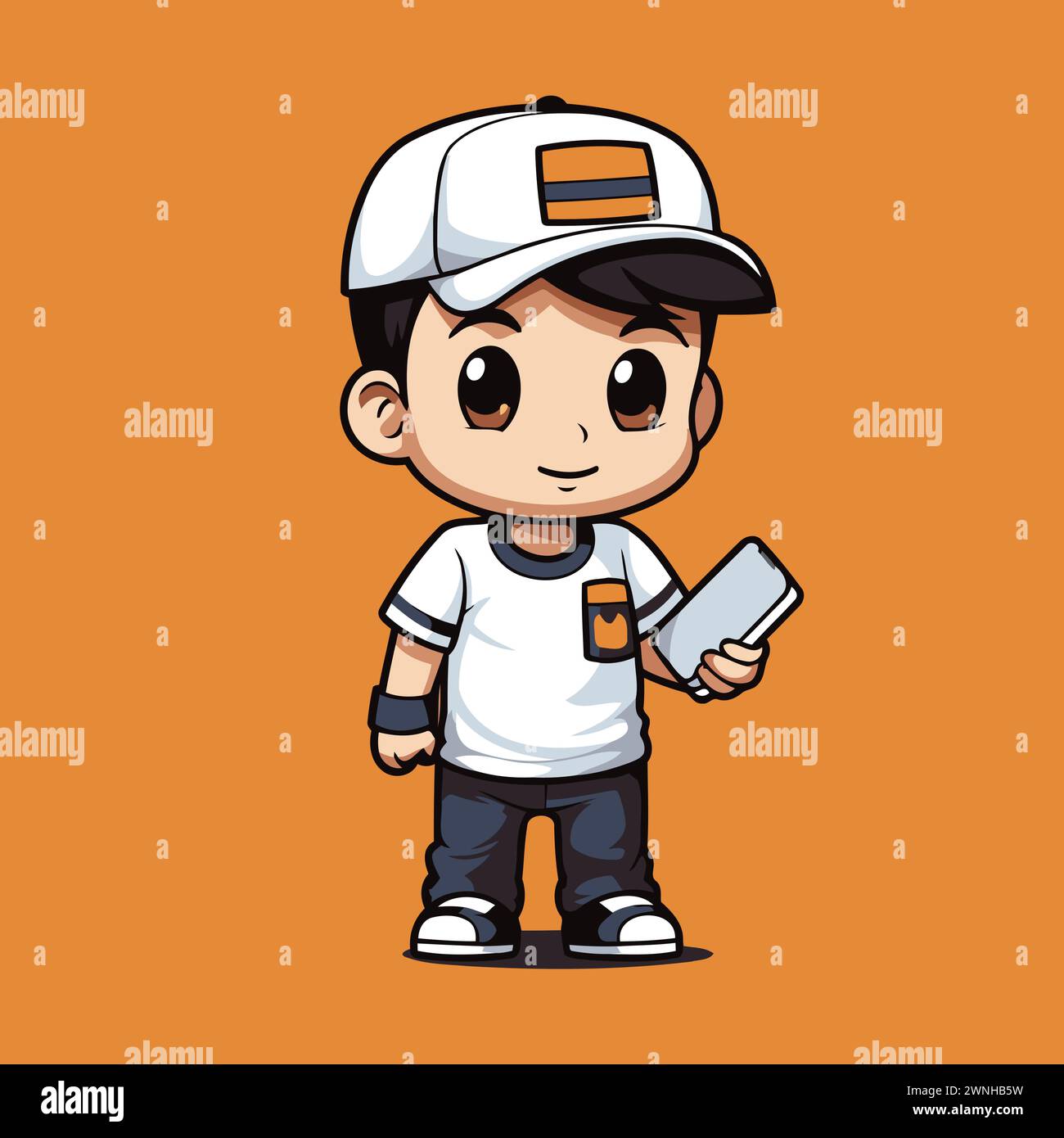 Cute boy with mobile phone over orange background. Vector illustration ...