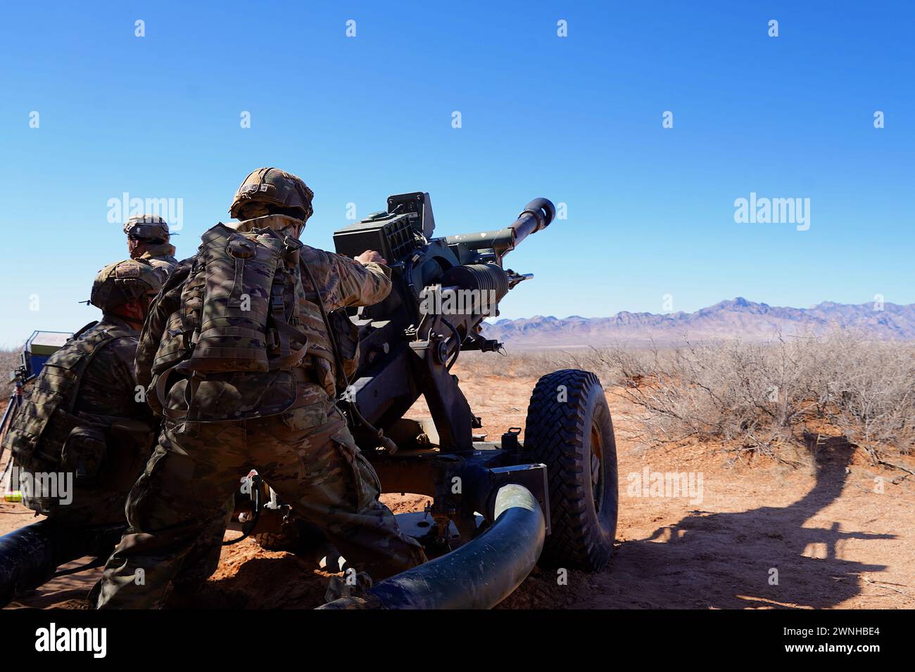 U.S. Army Soldiers of Bravo Battery, 3rd Battalion, 112th Field Artillery Regiment, 44th ...