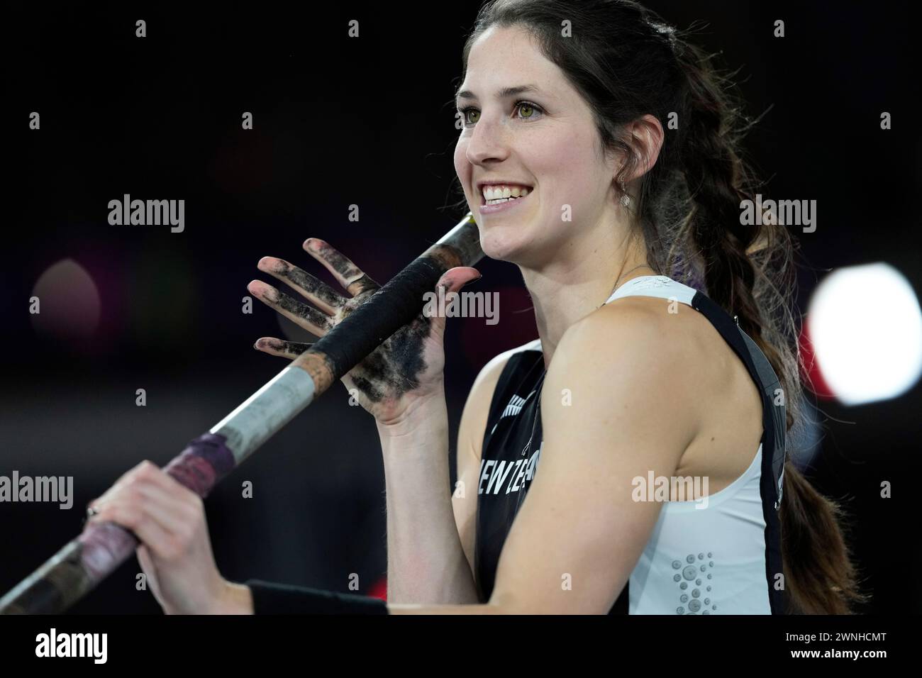 Eliza Mccartney, of New Zealand, gets ready for an attempt in the women ...