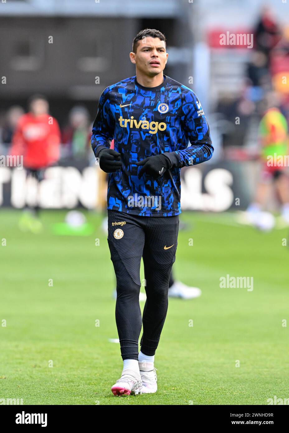 Thiago Silva of Chelsea warms up ahead of the match, during the Premier League match Brentford ...