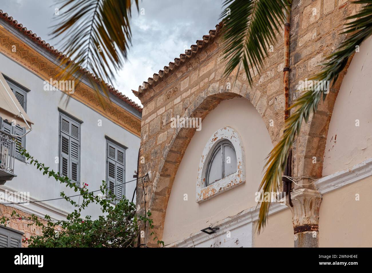 Traditional local architecture in Nafplio town, Greece. Houses are ...