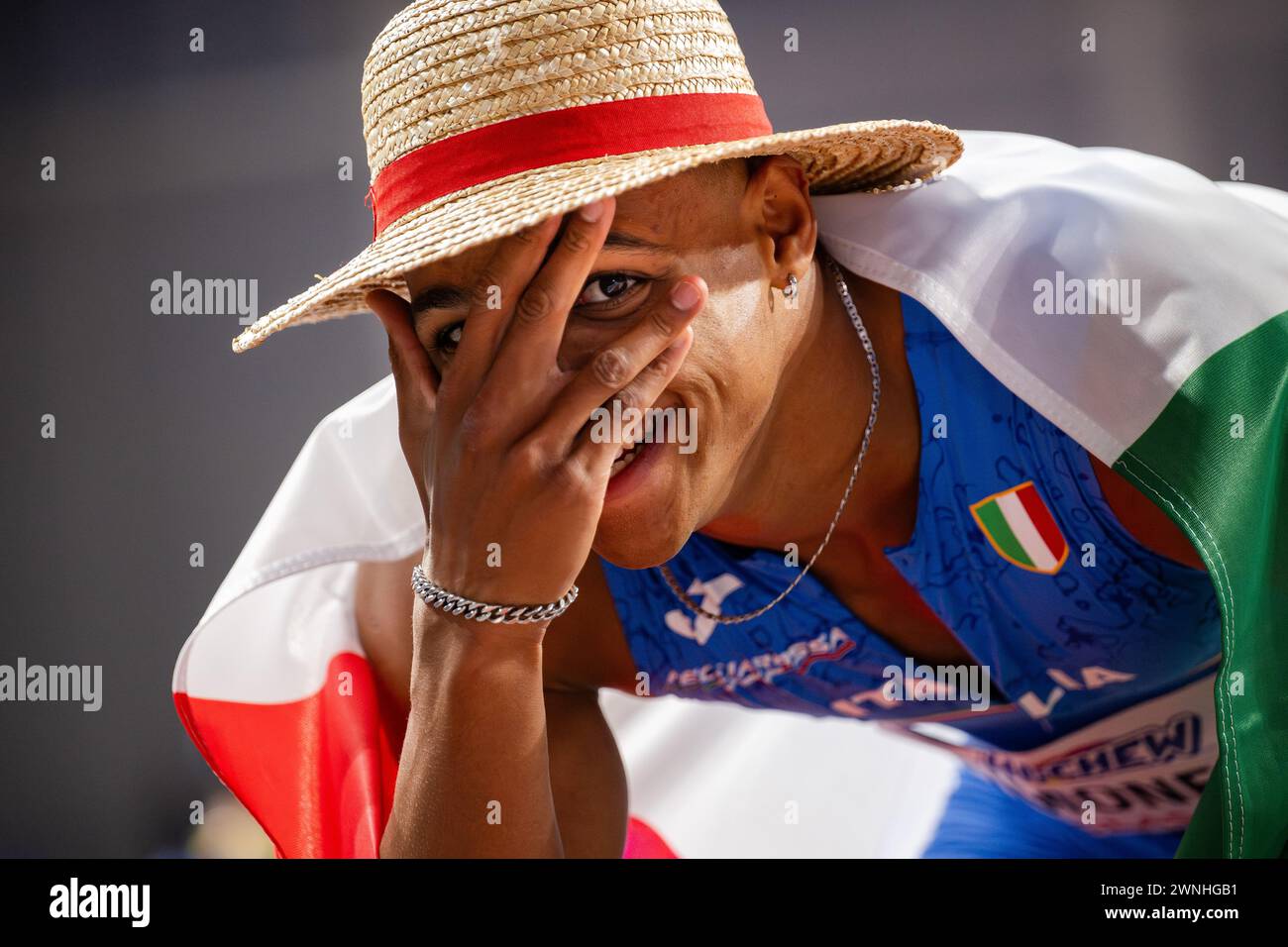 Lorenzo Ndele Simonelli of, Italy. , . celebrates after men's 60m ...