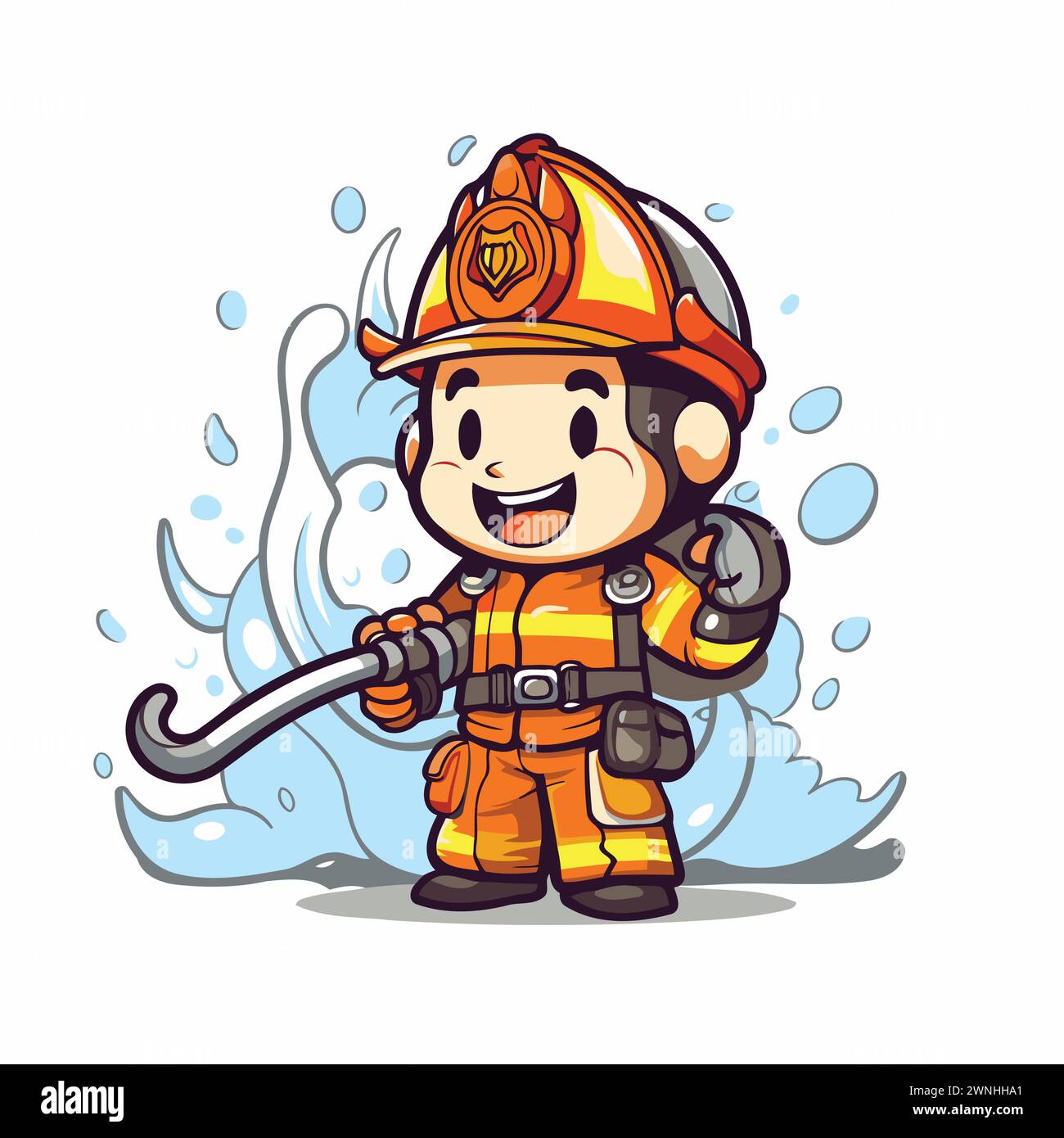 Firefighter cartoon character with fire hose and helmet. Vector ...