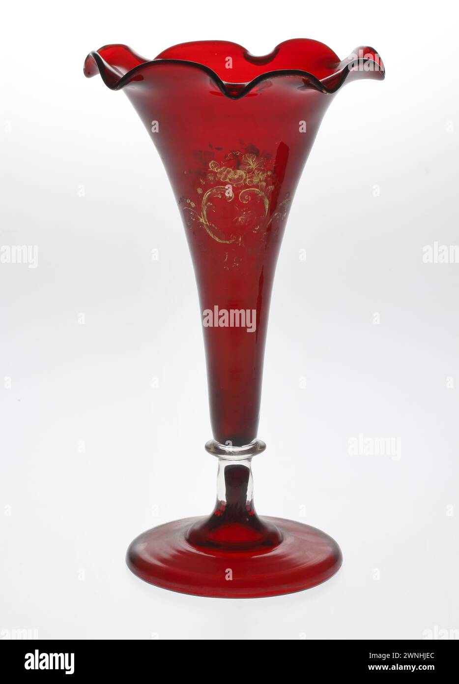 Vintage red vase, late 19th century, shape of flower on stem with ...