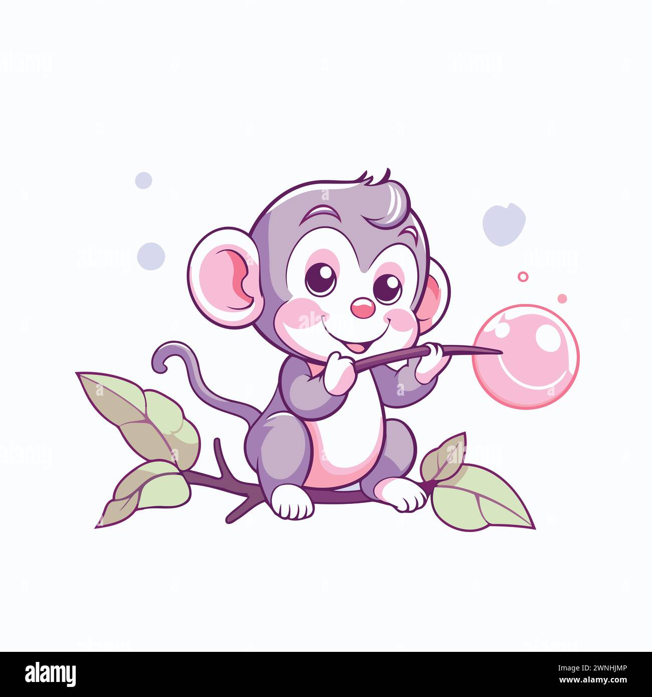 Cute cartoon monkey playing with a soap bubble. Vector illustration ...